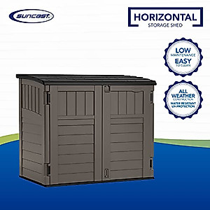 Suncast 4' x 2' Horizontal Storage Shed - Natural Wood-Like Outdoor Storage - Stoney & 33 Gallon Hideaway Can Resin Outdoor Trash with Lid Use in Backyard, Deck, or Patio, 33-Gallon, Brown