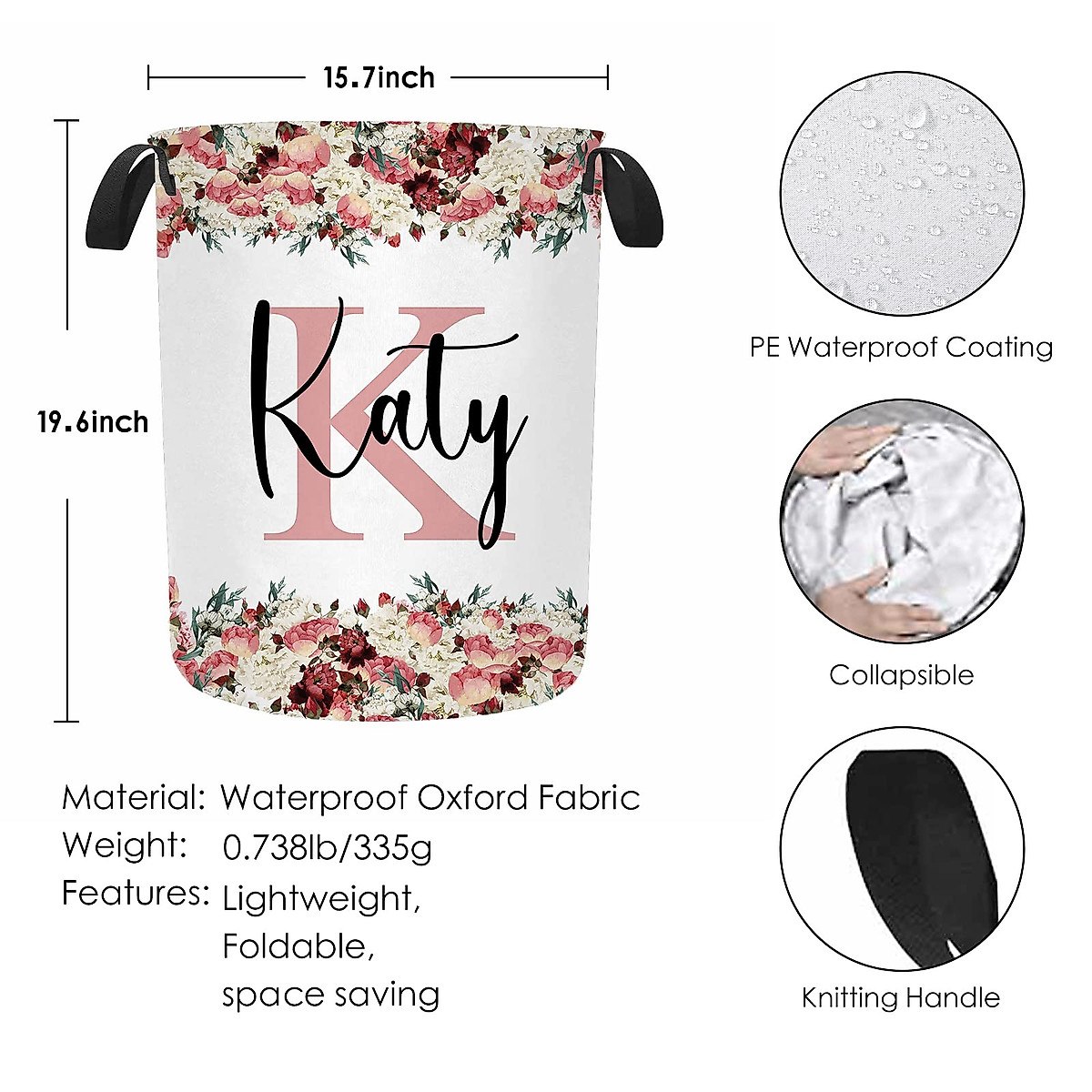 Custom Name Laundry Hamper, Personalized Dirty Clothes Hamper Basket with Name for Bathroom Bedrooms, Customized Name Circular Hamper with Handles Gifts for Boys Girls Men Women 15.7 * 19.6inch