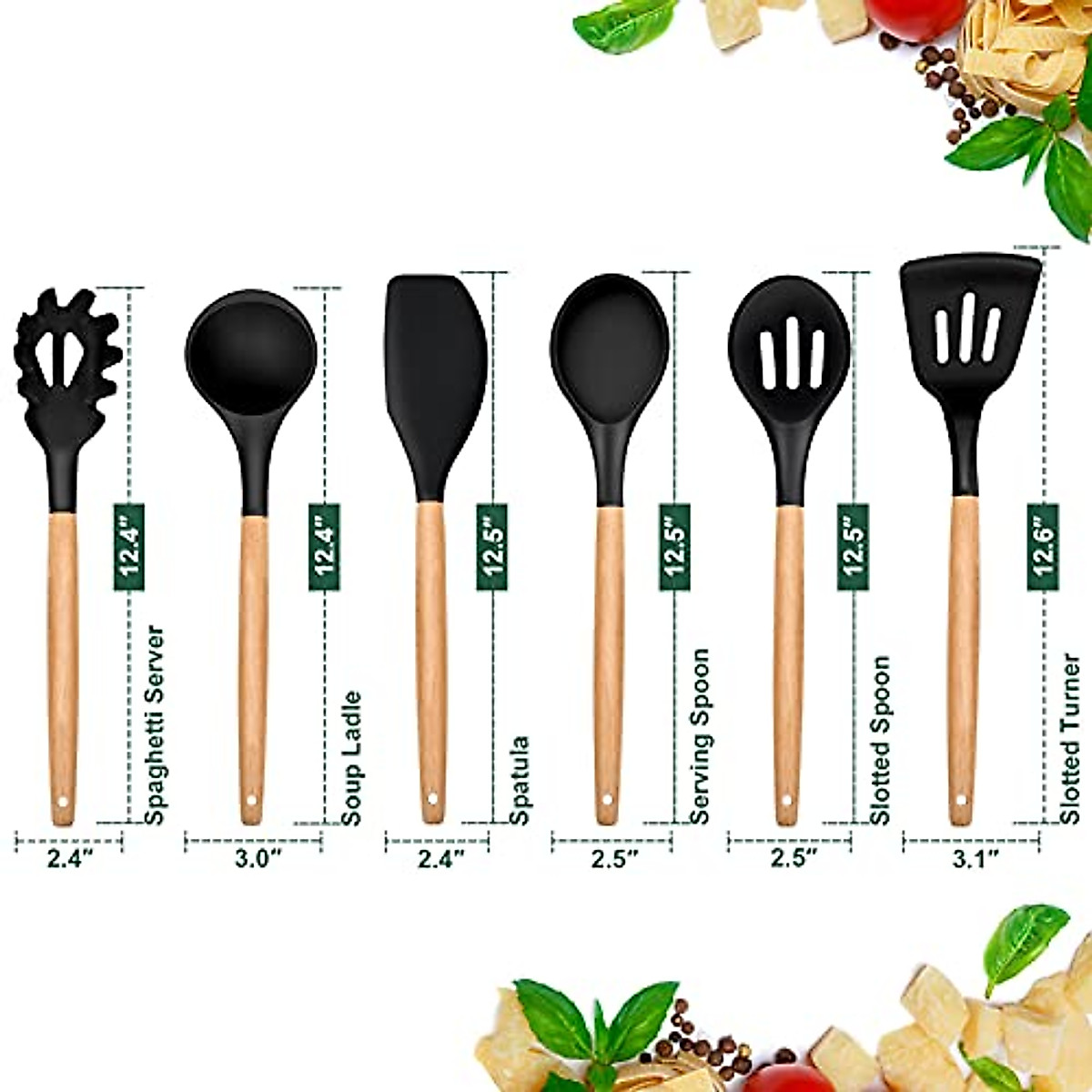Cooking Utensils Set of 6, E-far Silicone Kitchen Utensils with Wooden Handle, Non-stick Cookware Friendly & Heat Resistant, Includes Spatula/Ladle/Slotted Turner/Serving Spoon/Spaghetti Server(Black)