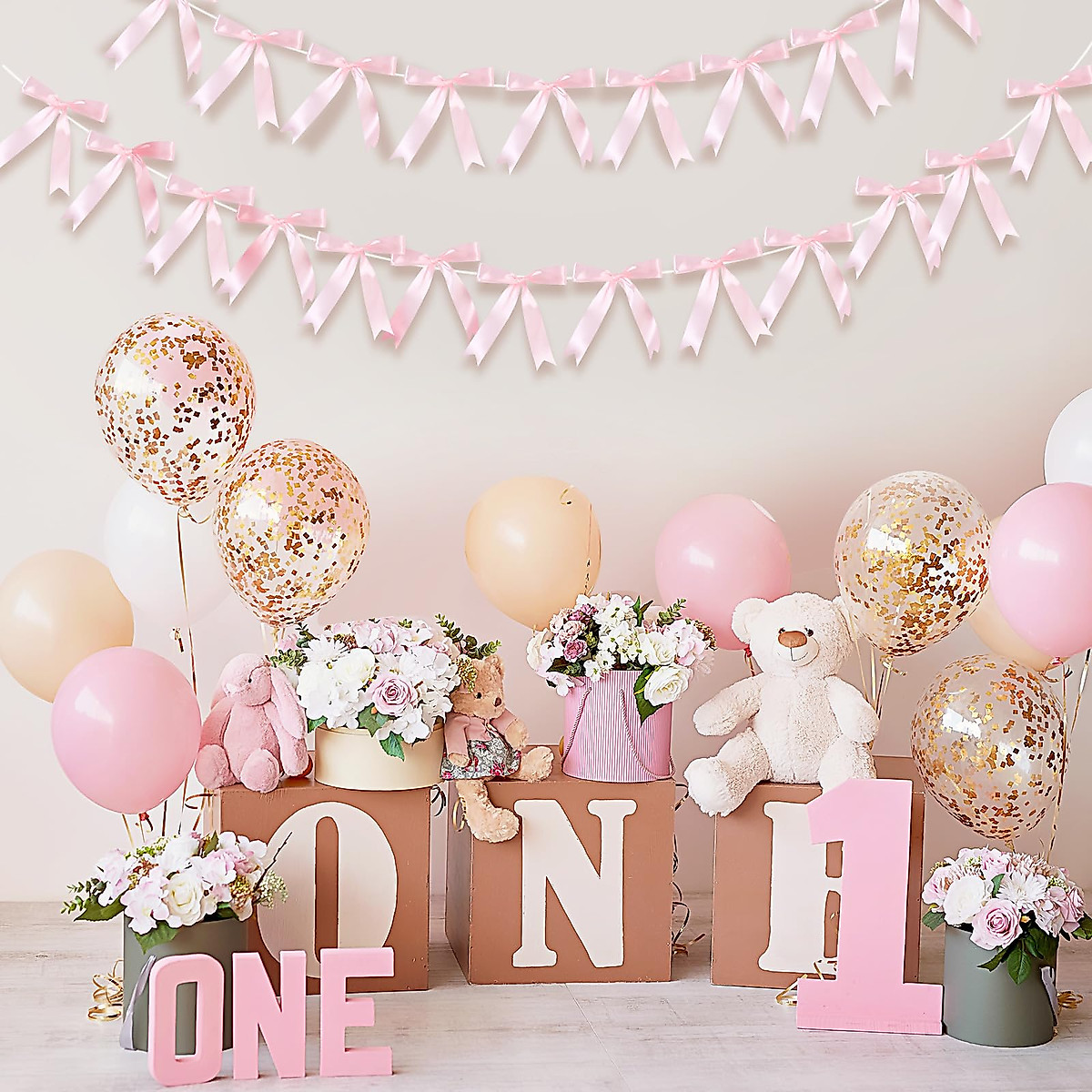 Fanfanwin 2 Pcs 5.3ft Pink Bow Garland Banner Party Decorations Coquette Birthday Decorations Pink Bow for Coquette Bachelorette Party Baby Bridal Shower Cake Smash Decor She's Tying The Knot 22 Bows