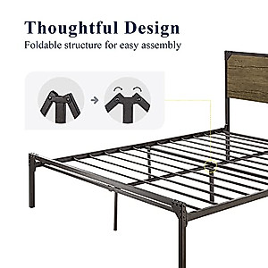Allewie Full Size Bed Frame with Wood Headboard, Metal Platform Frame with Strong Slats and Rivet Decoration, Easy Assembly, No Box Spring Needed, Noise Free, Brown