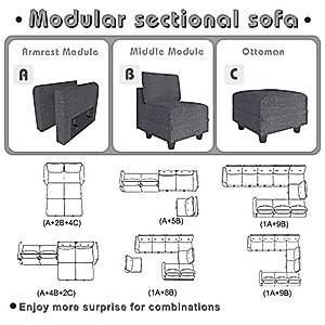 LLappuil Modular Sofa Middle Module with Storage for Customizable Sectional Sofa, Couch Accent Armless Chair, Black
