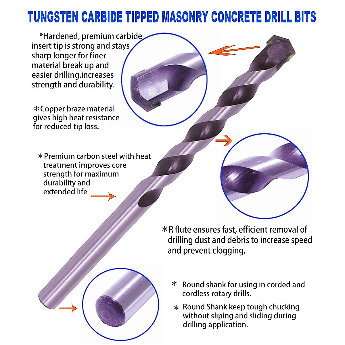 Masonry Drill Bit Set 3/16 Inch 10Pcs Carbide Tip Black/White Drill Concrete Rock