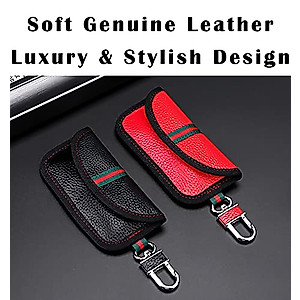 VAWcornic 2 Pack Faraday Bag for Car Key Fob, Genuine Leather Car Key RFID Signal Blocking Pouch Keyless Signal Block Key Case for Car Security Anti-Theft Remote Entry Smart Fob Protection – Black+Red
