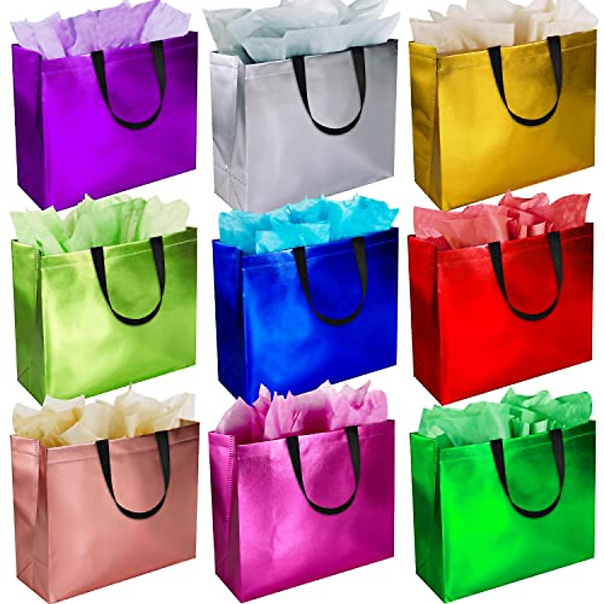 BLEWINDZ 18Pcs Large Gift Bags with Tissues for Presents - 13'' Reusable Non-Woven Gift Goodie Bags with Metallic Shiny - Party Favor Bags Tote Bags for Wedding, Birthday, Christmas
