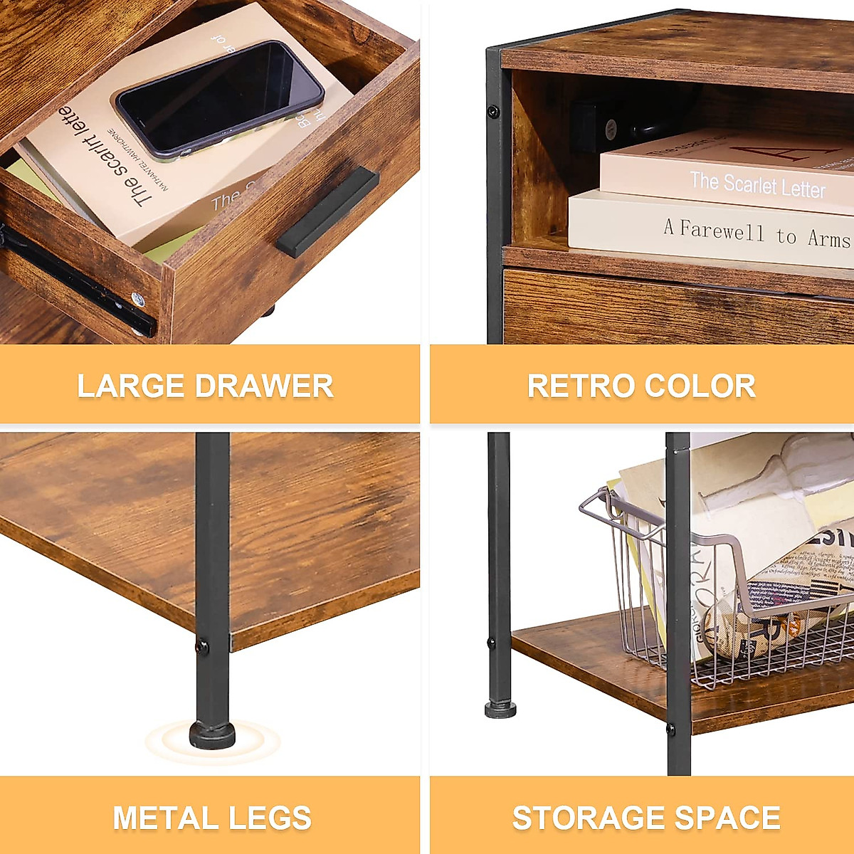 EOYUTLLY Nightstand with Charging Station,End Table with USB Ports & Power Outlets, Night Stands with Storage Drawer for Bedroom Living Room (Rustic Brown Set of 2)