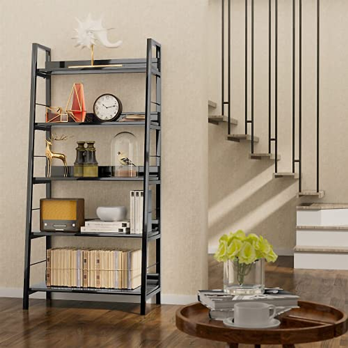 Himimi Black Ladder Bookshelf, 5 Shelf Bookcase Industrial Bookshelf Wood and Metal Bookshelves, Plant Flower Stand Rack Book Storage Shelves for Living Room, Bedroom, Home Office