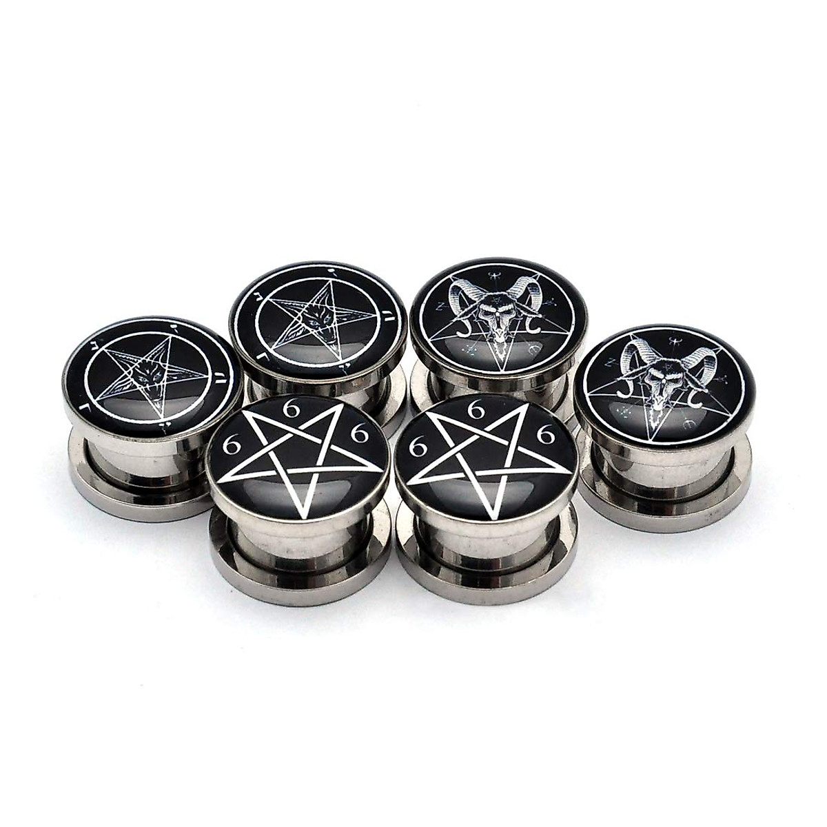 Mystic Metals Body Jewelry Set of 3 Pairs Screw on Baphomet Pentagram Plugs - All 3 Pairs Included (9/16" (14mm))
