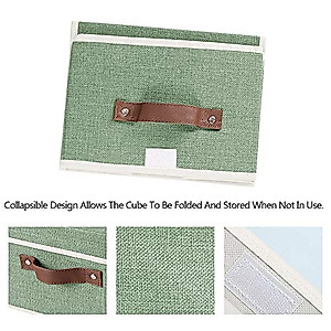 Lucky Monet 2 Pack Linen Fabric Foldable Storage Bin Set Collapsible Storage Box Cube Closet Organizer with Lid & Faux Leather Handle, 10”x8”x7” (Green)