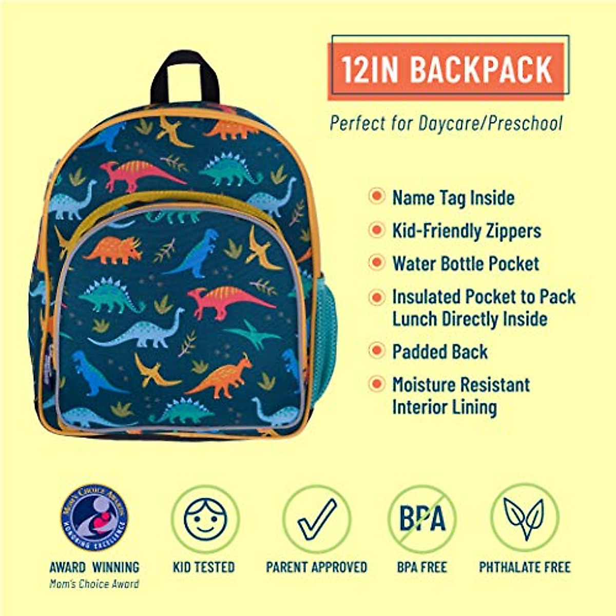 Wildkin 12 Inch Backpack Bundle with 14 Ounce Steel Reusable Water Bottle (Jurassic Dinosaurs)