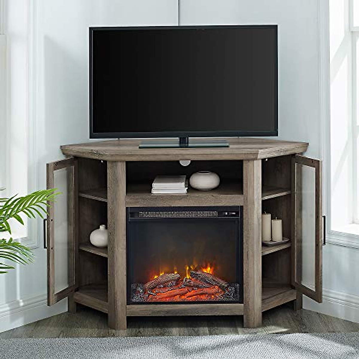 Walker Edison Alcott Classic Glass Door Fireplace Corner TV Stand for TVs up to 55 Inches, 48 Inch, Grey Wash