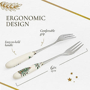 Spode Christmas Tree Collection Pastry Forks, Set of 6, Stainless Steel Fork, Porcelain Handle, 6-Inch Salad, Spaghetti, Appetizer, and Dessert Fork, Holiday Silverware