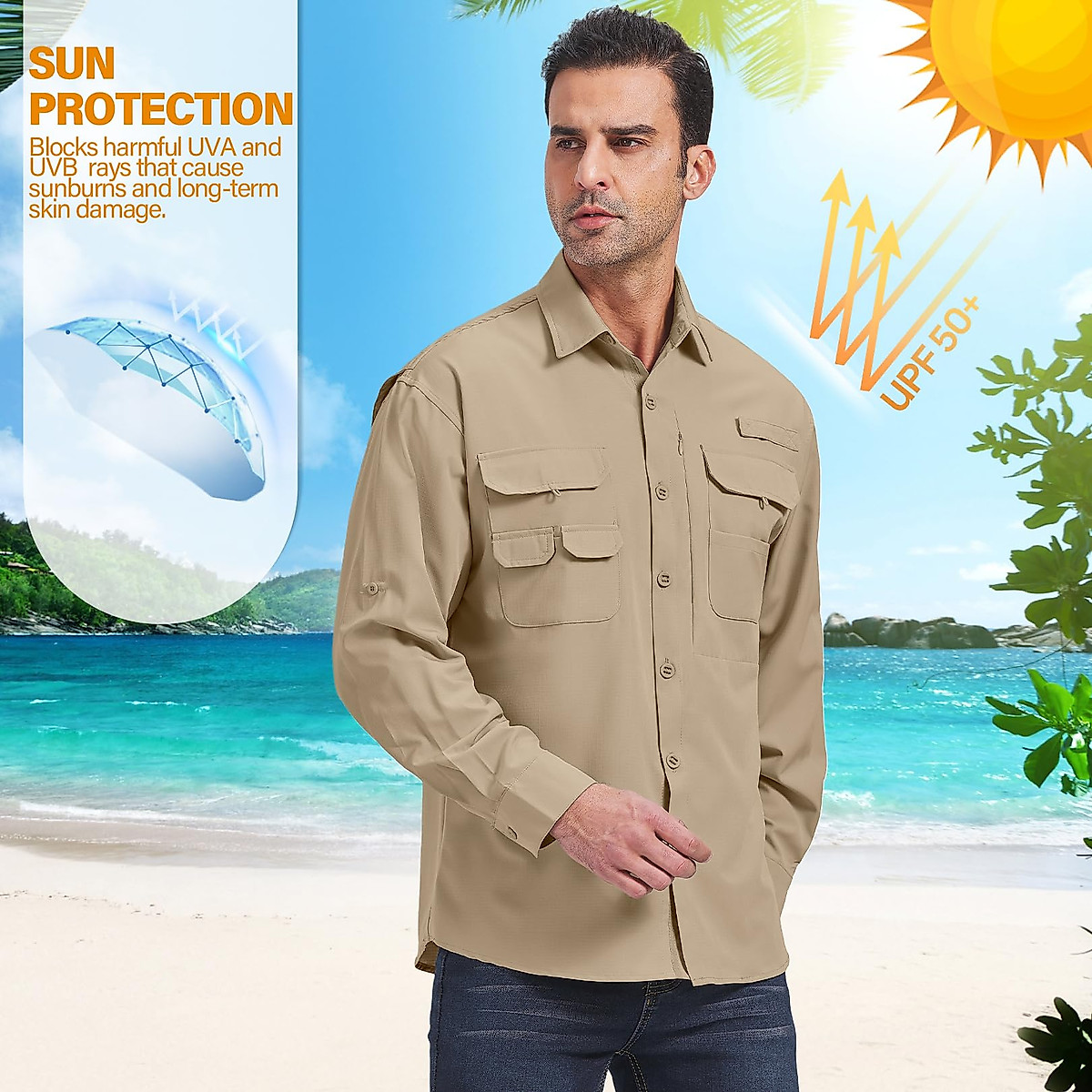 linlon Mens Safari Shirts Long Sleeve UV Protection Hiking Fishing UPF 50+ Quick Dry Cooling Camping Travel Shirts#5066-Khaki-2XL