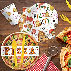 YJRJSC Pizza Birthday Party Supplies, Pizza Party Decorations Dinnerware, Paper Dinner Plate, Dessert Plate, Cup, Napkin, Disposable Fork, Pizza Theme Baby Shower Table Decorations Tableware, Serve 24