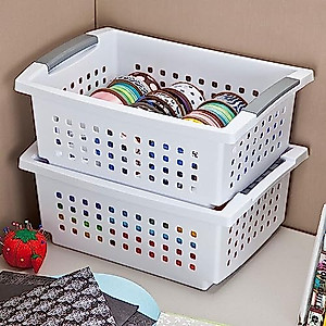 Sterilite Medium Sized Stackable Storage Bin and Organization Basket with Flip Down Accent Rails for Home and Household Organization, White (30 Pack)