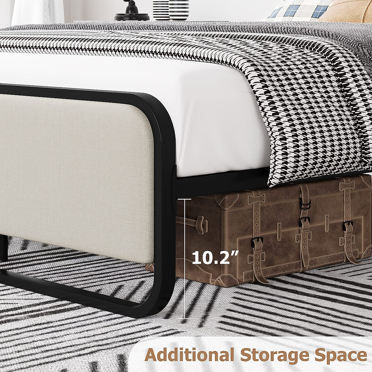 Homhougo Queen Size Bed Frame with Upholstered Headboard and Footboard,10.3'' Underbed Space, Curved Design, Strong Slats Support, Box Spring Optional, Beige