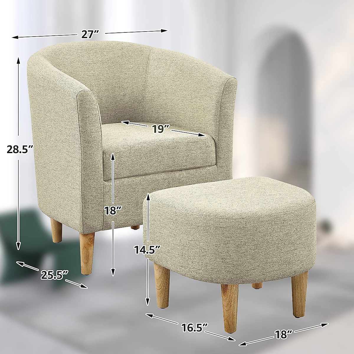 DAZONE Accent Chair Set of 2 Mid Century Modern Chair with Ottoman Comfy Armchair Footrest Set Comfortable Living Room Chairs Upholstered Barrel Club Tub Sofa Chair for Bedroom Reading Room Beige