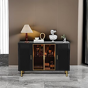 IKIFLY Modern Sideboard Buffet Cabinet with Storage, 47" Kitchen Storage Cabinets with Glass Doors and Shelves, LED Lights, Coffee Bar Cabinet for Dining Room, Kitchen, Hallway, Living Room, HU9156