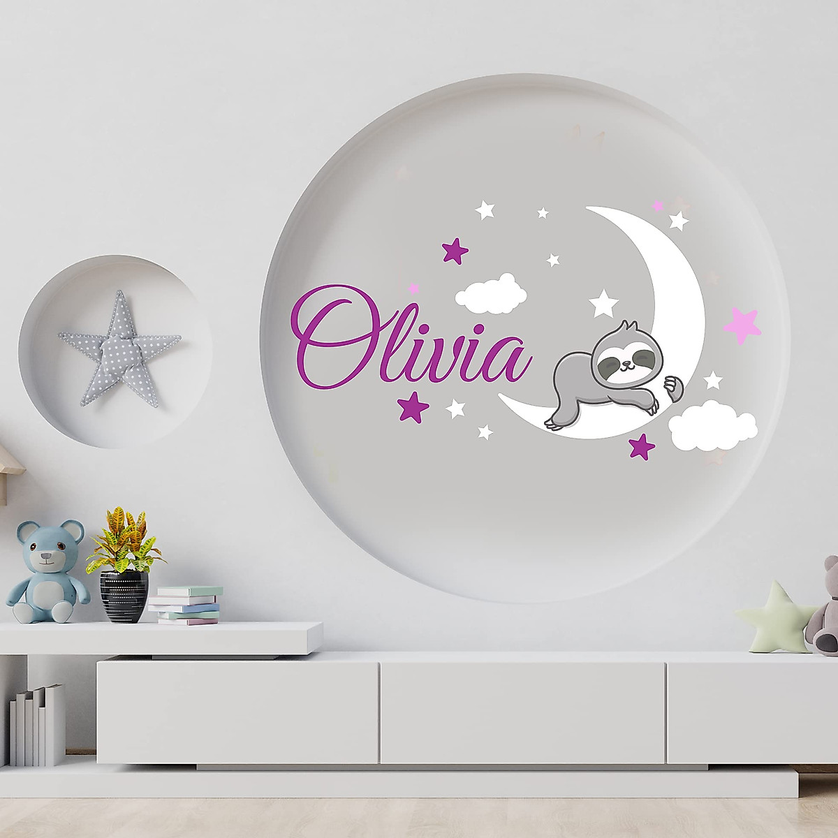 waldo Custom Name Sloth Moon Stars Nursery Wall Decal - WM45. Removable Nursery Wall Decal for Baby Room - Mural Wall Decal for Kids