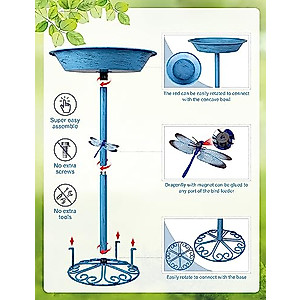Bird Baths for Outdoors 25.5 Inch Height Outdoor Garden Bird Feeder Metal Birdbath with Dragonfly for Garden Yard and Lawn Decoration,Blue