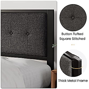 SHA CERLIN King Size Bed Frame with Upholstered Headboard, Platform Bed Frame with Metal Slats, Button Tufted Square Stitched Headboard, Noise Free, No Box Spring Needed, Easy Assembly, Dark Grey