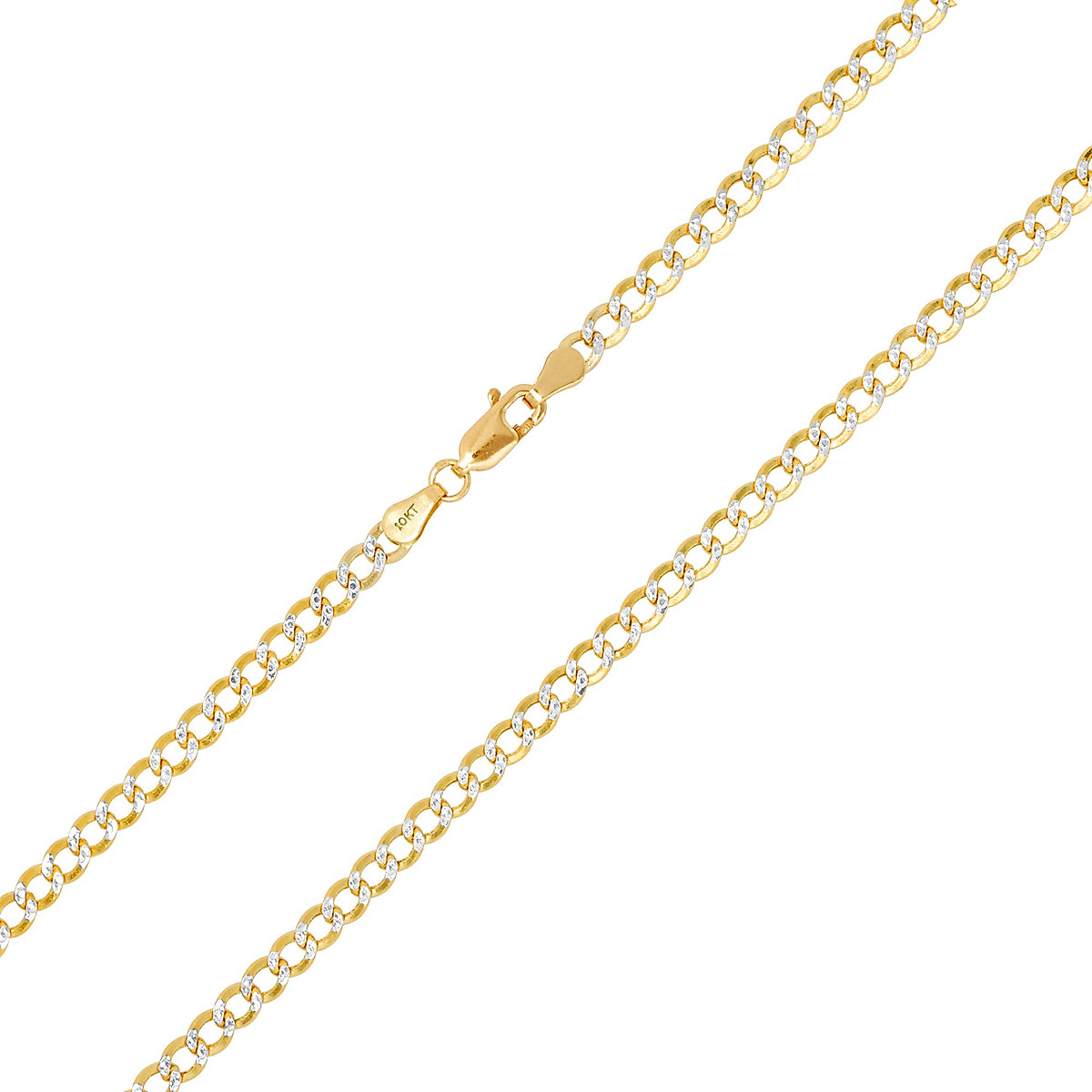 Nuragold 10k Yellow Gold 3.5mm Cuban Chain Curb Link Diamond Cut Pave Two Tone Pendant Necklace, Mens Womens Jewelry 16" 18" 20" 22" 24" 26" 28" 30"