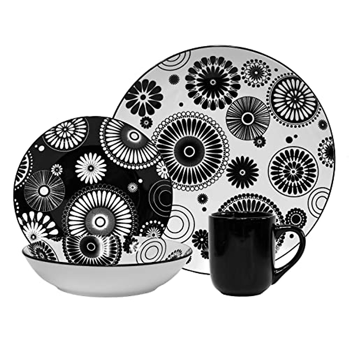 16 Pieces Dinnerware Set, Stoneware, plates and bowls sets, Service for 4, Porcelain, Decorated Mod Dot Black, Microwave Dishwasher Safe, Chip Resistant, for everyday casual kitchen and formal dinner