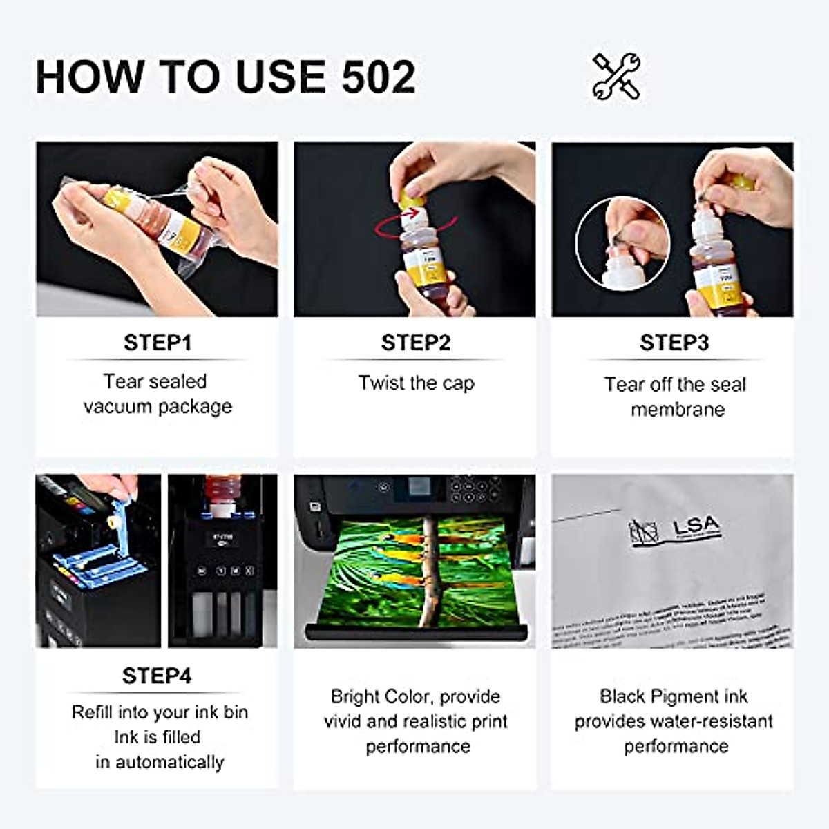 INKNI Compatible Ink Bottle Replacement for Epson 502 T502 Refill Ink ET-2760 ET-4760 ET-3710 ET-3760 ET-2700 ET-2750 ET-3700 ET-3750 ET-4750 ST-2000 ST-3000 Printer (Black,Cyan,Magenta,Yellow,5-Pack)