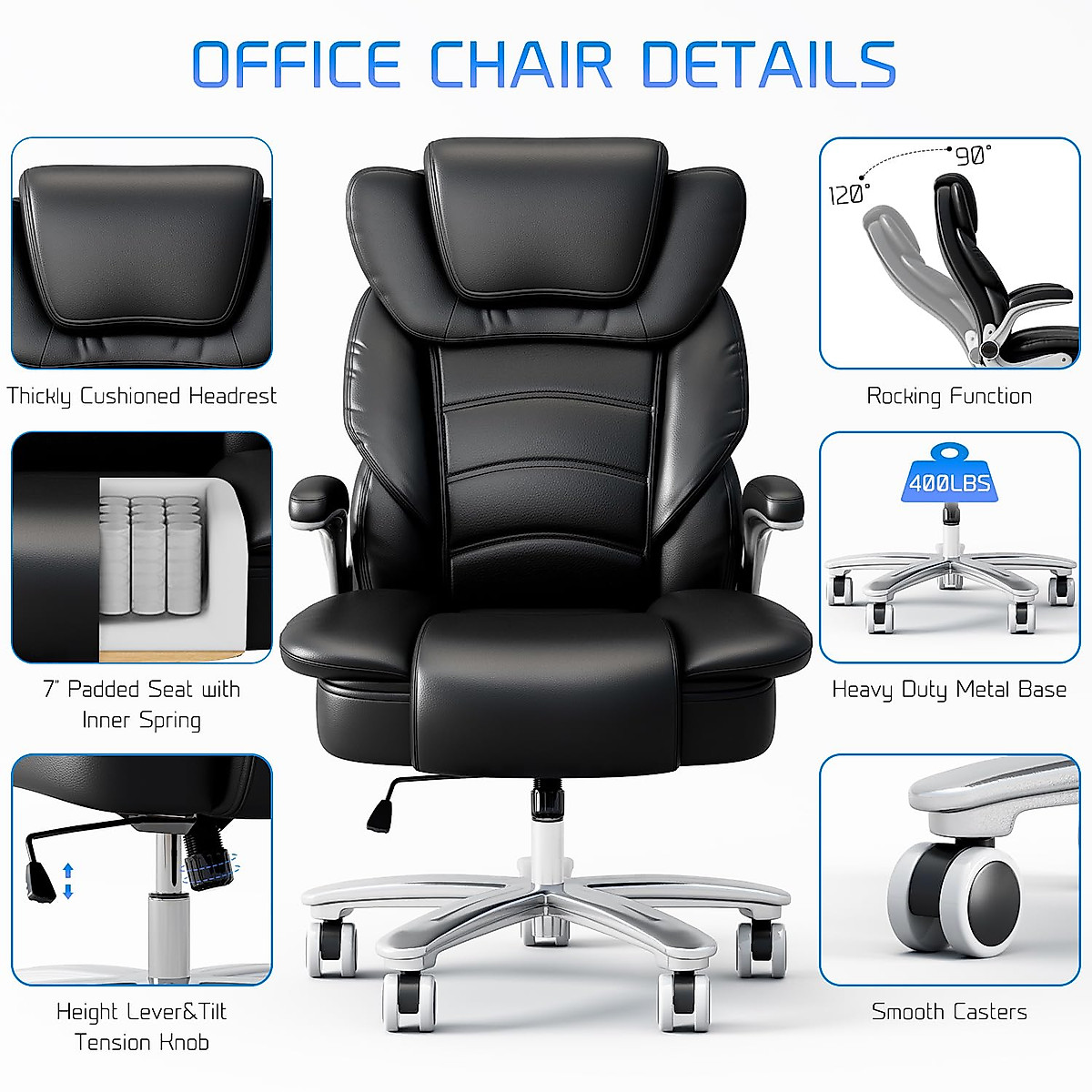 GYI Big and Tall Office Chair 400lb Wide Seat, High Back Leather Executive Office Chair with Flip-up Arms, Ergonomic Computer Desk Chairs for Home Office, Black