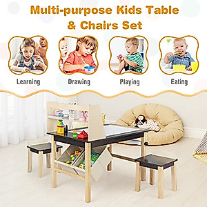 TUOCHUFUN Kids Art Table and Chair Set, Wooden Drawing Painting Craft Center with Paper Roll, 2 Markers, 2 Storage Bins, Kids Activity Play Table with 2 Stools for Boys Girls Ages 3+