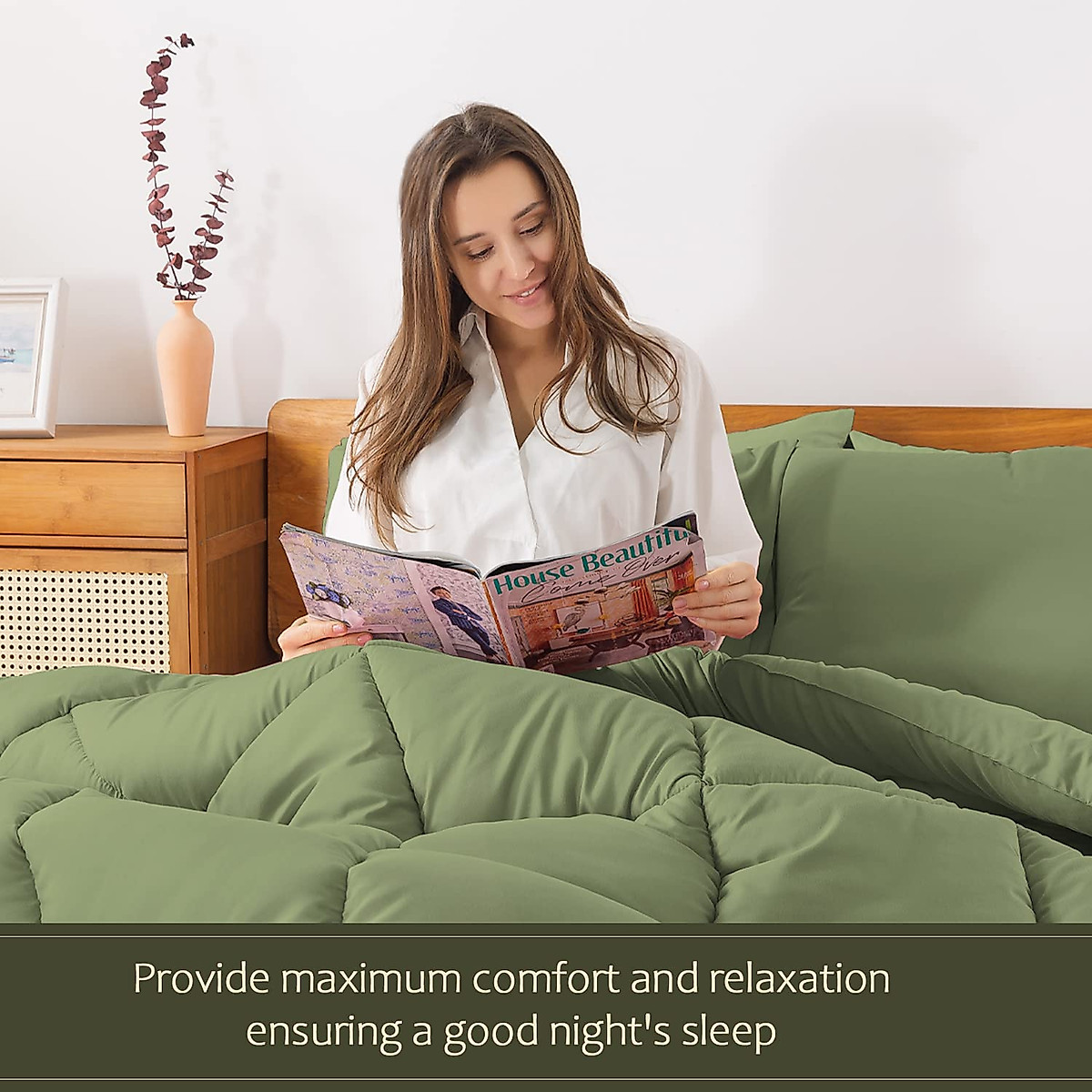 WhatsBedding Sage Green Comforter Set Queen Size, Lightweight All Season Soft Down Alternative Bed Comforter, 3 Pieces Bedding Set with 2 Pillowcases, Queen, 88"x90"