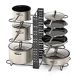 Vdomus Pot Rack Organizer with 3 DIY Methods, Black Metal Kitchen 8+ Pots Holder, Height and Position are Adjustable Cabinet Pantry Pot Lid Holder (Upgraded)