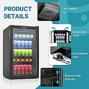 EUHOMY Beverage Refrigerator and Cooler, 126 Can Mini fridge with Glass Door, Small Refrigerator with Adjustable Shelves for Soda Beer or Wine, Perfect for Home/Bar/Office, Mini Refrigerators (Black)