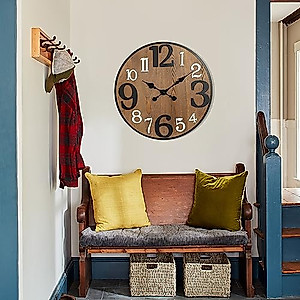 RiteSune 24 Inch Wood Wall Clock, Modern Large Numerals Battery Operated Quartz Movement, Black Metal Frame Decor Clock for Living Room Office Kitchen Bedroom, Entryway, Home, Office