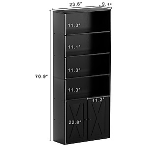 JAMFLY Open Bookshelf and Bookcase with Doors, 6 Shelf Storage Shelves Tall Bookcase for Bedroom, Living Room and Office, Black