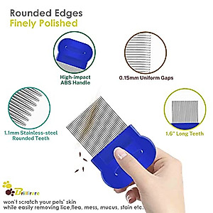 BRILLIRARE 4 Pack Flea Lice Comb, Stainless Steel Dog Cat Grooming Combs with Rounded Teeth, Double Sided Professional Pet Tear Stain Remover, Dematting Tool for Small, Medium & Large Pets