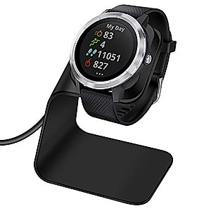 EZCO Charger Dock Compatible with Garmin Vivoactive 4 4S/ 3/3 Music/Venu Sq/Venu/Venu 2/2S, Premium Aluminm Charging Cable Stand Base Station USB Date Syn for Fenix 7 7S 7X 6 5 Smartwatch, Black