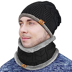 URECOVER Winter Beanie Scarf for Men - Black Slouchy Knit Fleece Cap for Women, Toboggan Hat Christmas Stocking Stuffers Birthday Gifts for Teens Unisex Adults