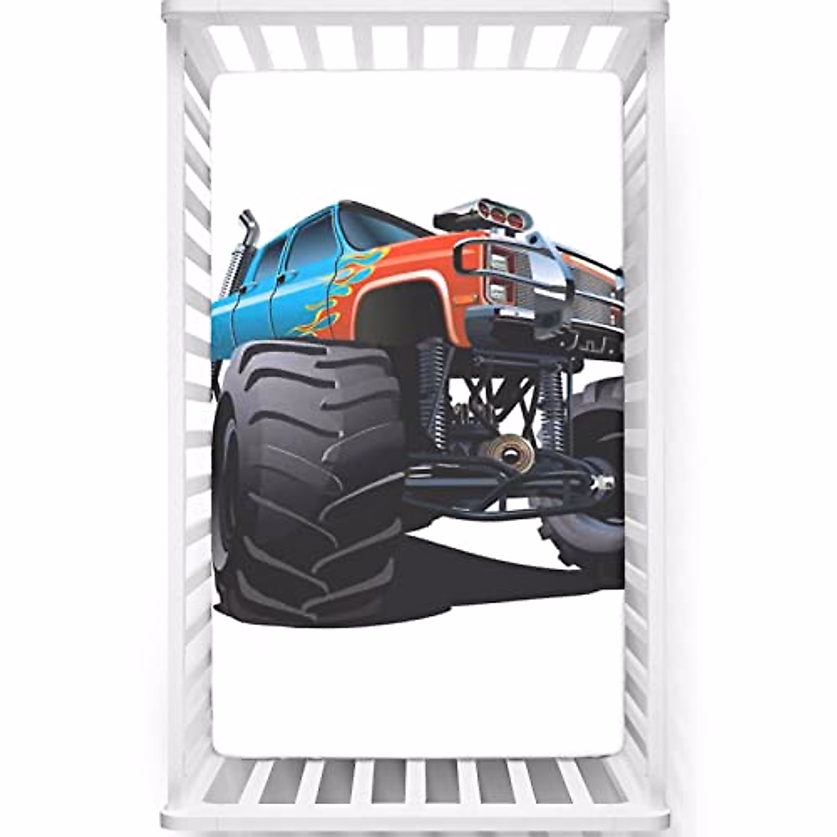 Monster Truck Themed Fitted Crib Sheet,Standard Crib Mattress Fitted Sheet Soft Toddler Mattress Sheet Fitted -Baby Sheet for Boys Girls,52 x 28 Inch,Multicolor