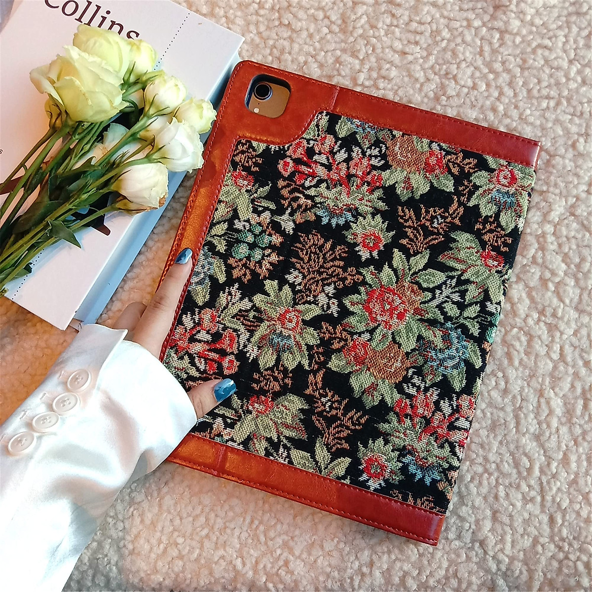 ManZePai Handmade Vintage Fabric Case with Pencil Holder for iPad Air 11/13 Inch 2024/for iPad Pro 11 Inch 12.9 Inch/for iPad Air 4th 5th Gen/for iPad 7th 8th 9th 10th Gen/Mini 6,Apple Pencil Charging