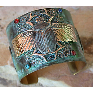 Elaine Coyne Collectible Artwear Patina Brass Egyptian Scarab Motif Wide Cuff Bracelet - Carnelian, Navy Onyx, Turquoise