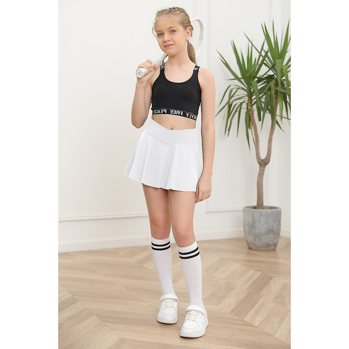 rrhss Gilrs Pleated Tennis Skirt with Pockets Kids V Crossover High Waisted Golf Skorts with Lining Shorts White