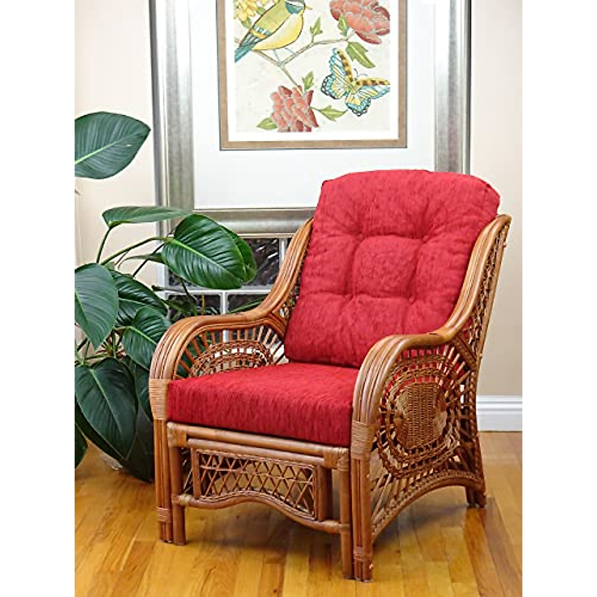 Malibu Lounge Living Accent Armchair Natural Rattan Wicker Handmade Design with Red Cushion, Colonial
