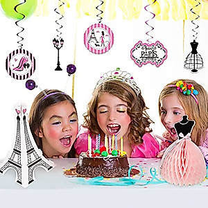 Paris Party Decorations Set, Paris Happy Birthday Banner Dress Honeycomb Centerpiece Eiffel Tower Cutout Paris Hanging Swirl Decoration for Baby Shower Birthday Paris Theme Party Supplies