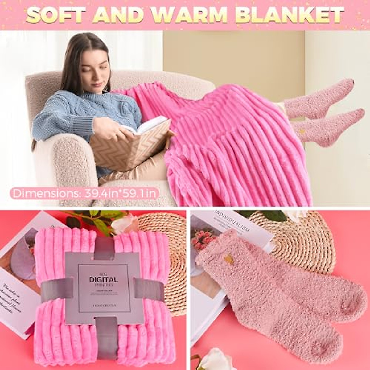 nasominako Self Care Gift Baskets for Women: Get Well Soon Care Packages with Blanket and Tumbler, Pink Gift Boxes Set for Girls, Mother, Sisters, Friends, and Cousins