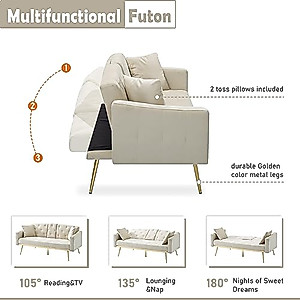 POCIYIHOME Button Tufted Convertible Futon Sofa Bed with 3 Angle adjustment of backrest, Velvet Sleeper Couch Daybed Loveseat with 2 Cup Holders, 2 Pillows and Square Armrests for Compact Space, Beige