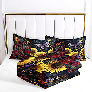 CCoutueChen Butterfly Comforter Set Queen,Yellow Sunflowers Comforter for Girls,Purple Butterfly Bedding,Botanical Floral Bedroom Decor, 3Pcs Soft Lightweight Summer Comforter