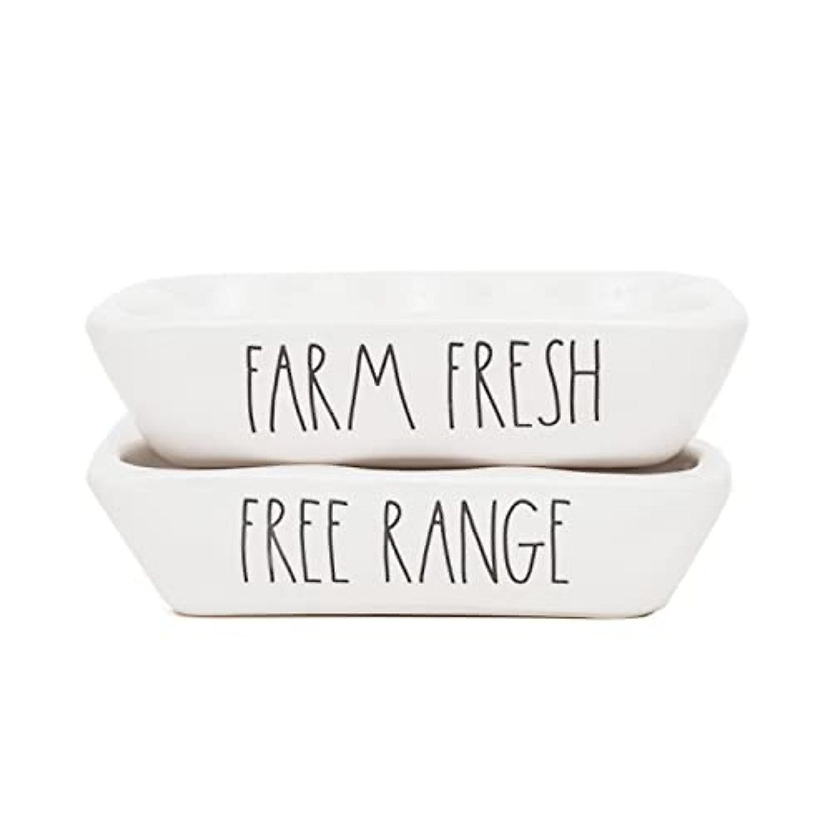 Rae Dunn by Magenta Stoneware Egg Trays - Set of 2 Farmhouse Style Egg Holders Fit 12 Eggs, Hand Lettered "Farm Fresh" and "Free Range"