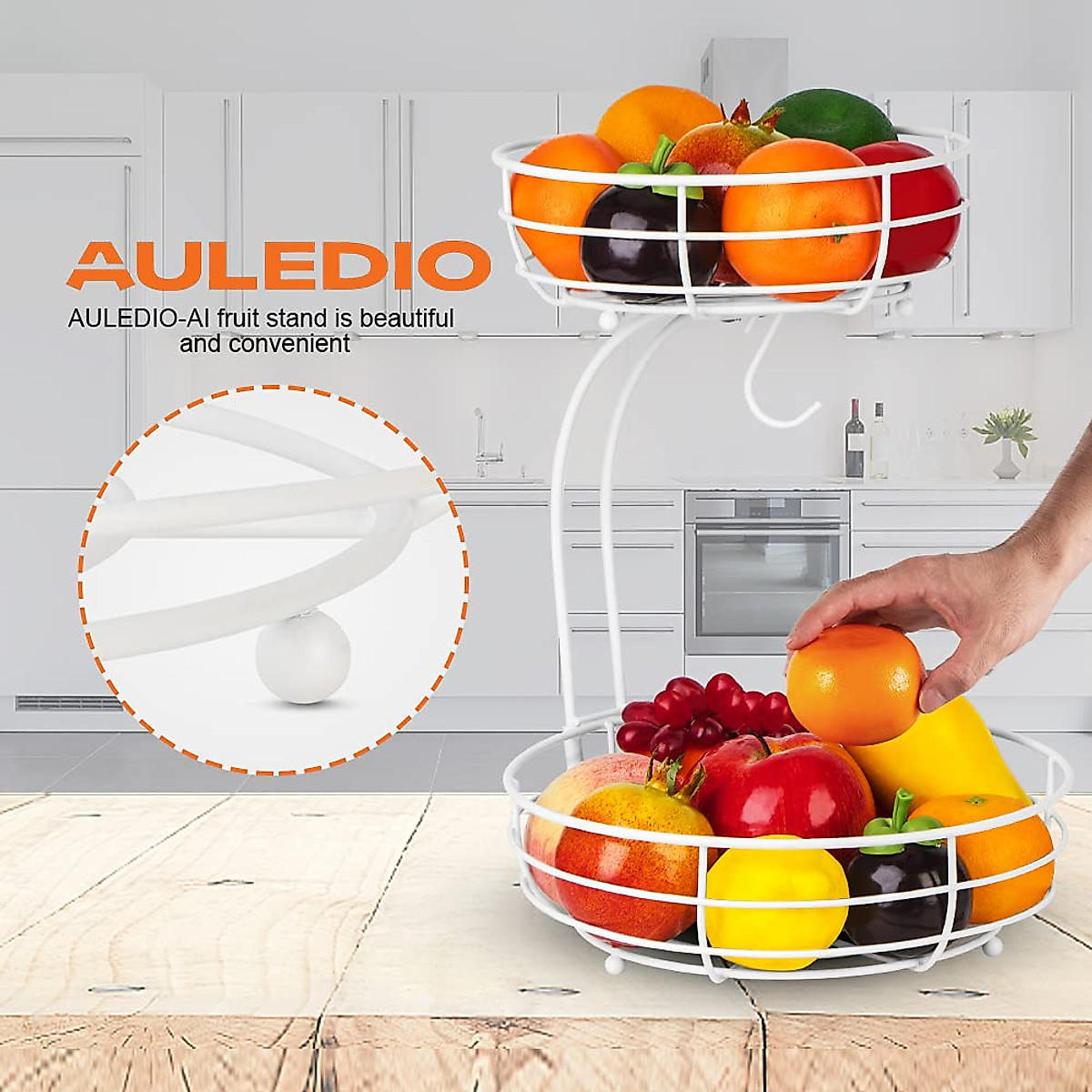 Auledio 2-Tier Fruit Vegetables Basket Bowl Storage With Banana Hanger,Pure White