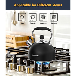 AMFOCUS Tea Kettle, 2 Quart Stainless Steel Whistling Tea Kettle, Stovetop Whistling Teakettle Tea Pots for Stove Top with Ergonomic Folding Handle, Small Teapot, Water boiler for Tea, Coffee (Black)